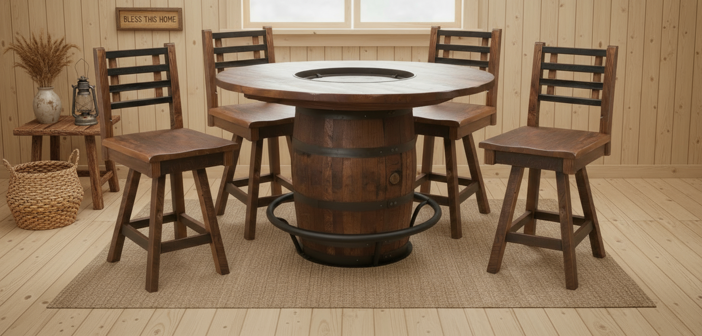 Amish Round Barrel Table With Swivel Barrel Bar Stools — Our Family ...