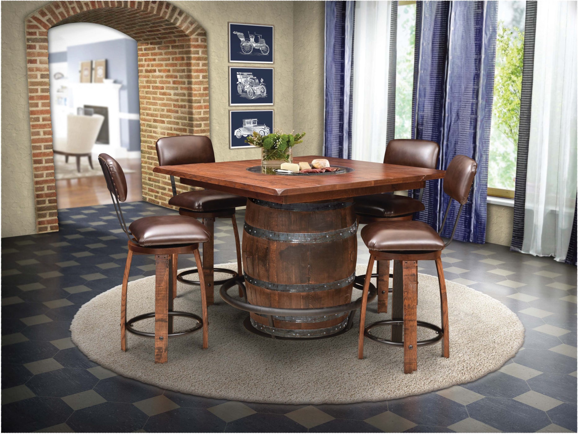 Amish Whiskey Barrel Pub Table + Upholstered Swivel Bar Stools! — Our ...